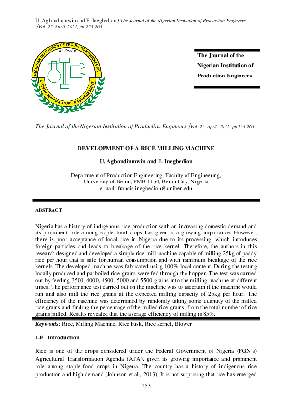 (PDF) DEVELOPMENT OF A RICE MILLING MACHINE