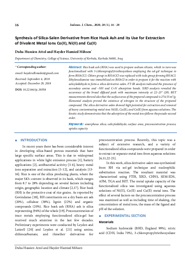 (PDF) Synthesis of Silica-Salen Derivative from Rice Husk Ash and its Use for Extraction of ...