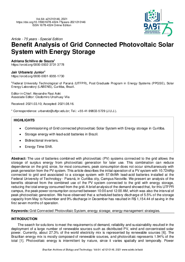 (PDF) Benefit Analysis of Grid Connected Photovoltaic Solar System with Energy Storage | Jair ...