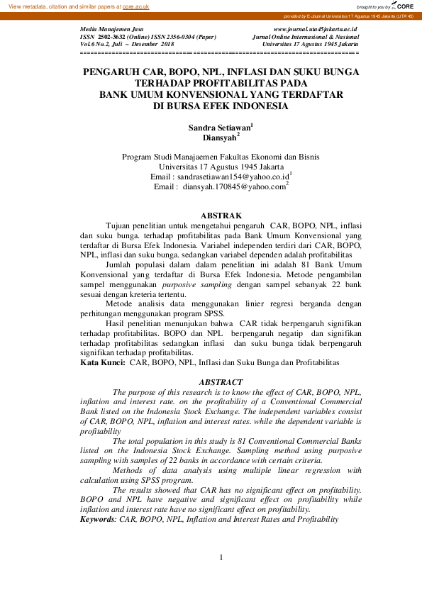 (PDF) Pengaruh Car, Bopo, NPL, Inflasi Dan Suku Bunga Terhadap Profitabilitas Pada Bank Umum ...
