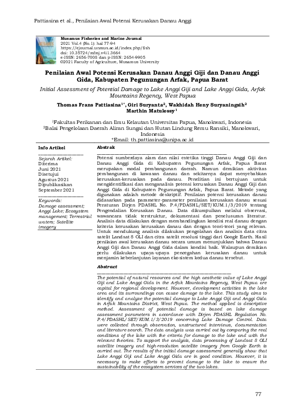 (PDF) Penilaian Awal Potensi Kerusakan Danau Anggi Giji dan Danau Anggi Gida, Kabupaten ...