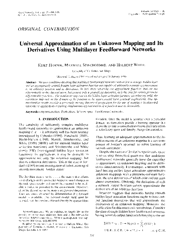 Pdf Universal Approximation Of An Unknown Mapping And Its Derivatives Using Multilayer