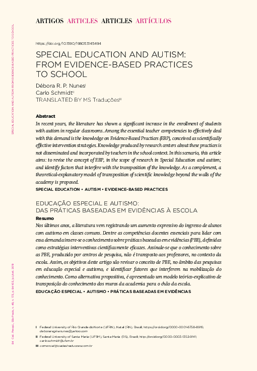 (PDF) Special Education and Autism: From Evidence-Based Practices to School