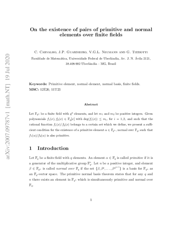 Pdf On The Existence Of Pairs Of Primitive And Normal Elements Over