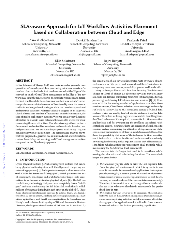 (PDF) SLA-aware Approach for IoT Workflow Activities Placement based on ...
