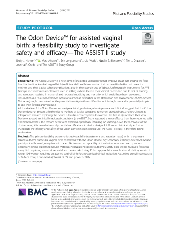 (PDF) The Odon Device™ for assisted vaginal birth: a feasibility study ...
