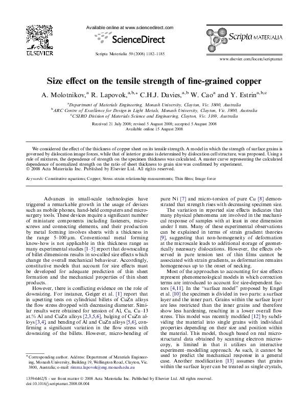 (PDF) Size effect on the tensile strength of fine-grained copper | Y ...
