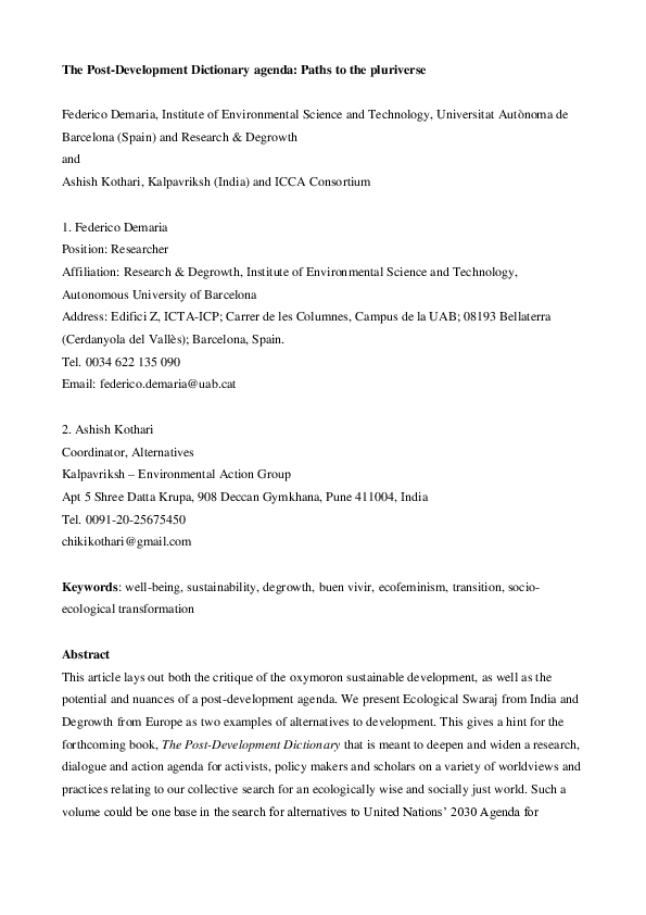 (PDF) The Post-Development Dictionary agenda: paths to the pluriverse