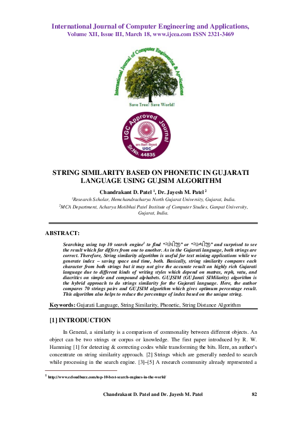 Pdf String Similarity Based On Phonetic In Gujarati Language Using Gujsim Algorithm