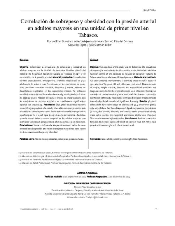 (PDF) Correlación de sobrepeso y obesidad con la presión arterial en adultos mayores en una ...