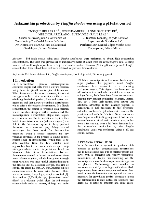 (PDF) Astaxanthin production by Phaffia rhodozyma using a pH-stat control