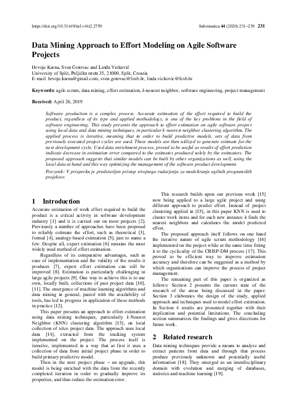 Pdf Data Mining Approach To Effort Modeling On Agile Software Projects