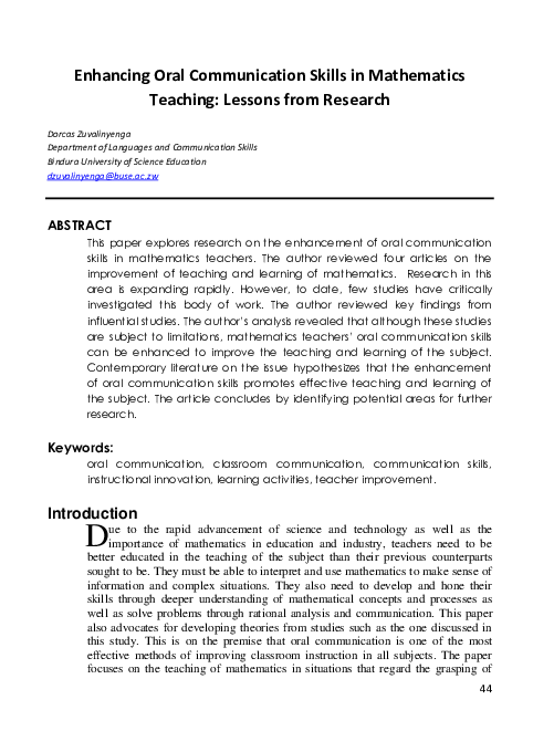 (PDF) Enhancing Oral Communication Skills in Mathematics Teaching ...