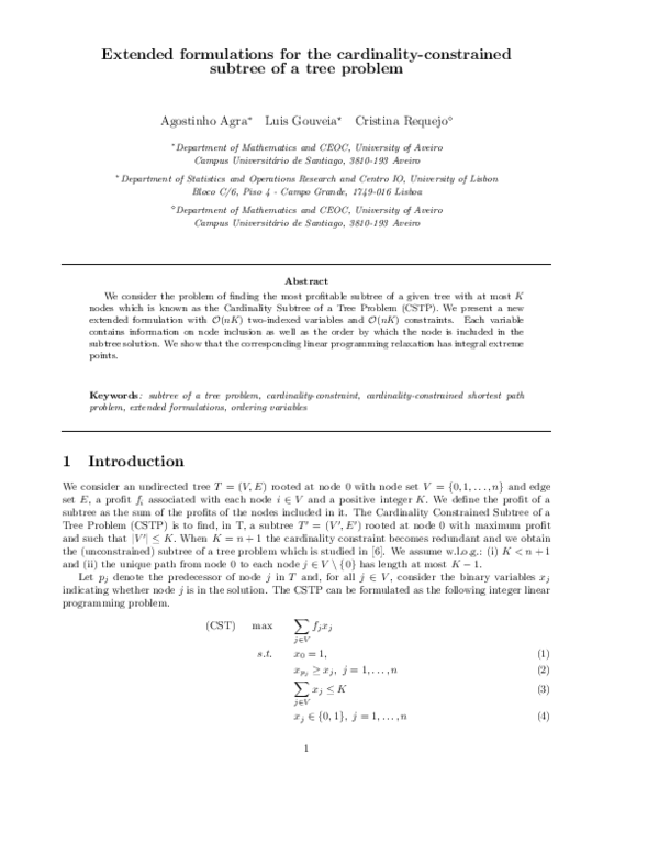 (PDF) Extended formulations for the cardinality constrained subtree of a tree problem | Cristina ...