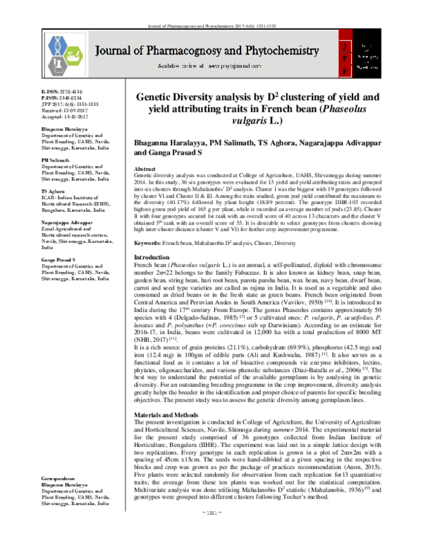 (PDF) Genetic Diversity analysis by D2 clustering of yield and yield attributing traits in ...
