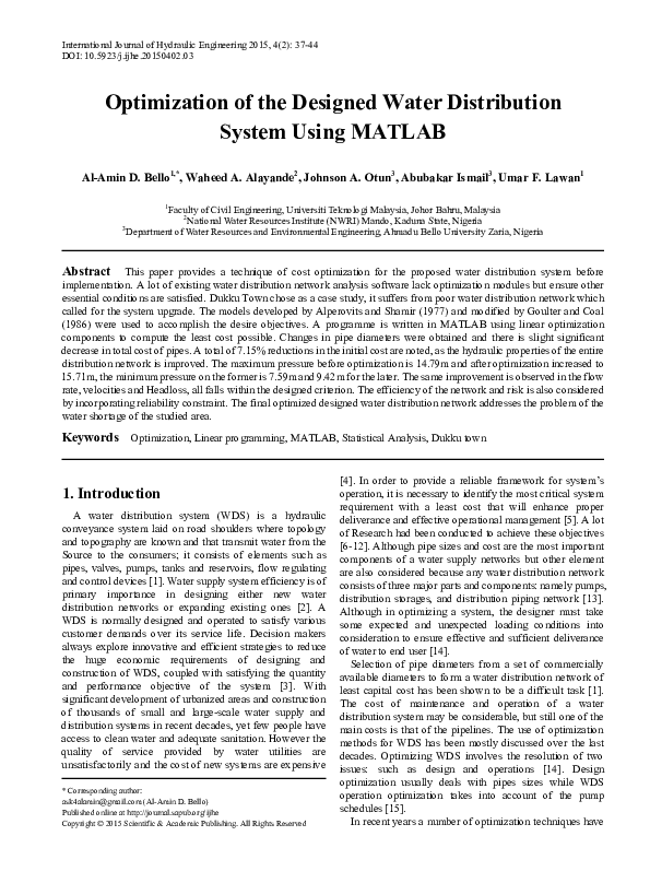Pdf Optimization Of The Designed Water Distribution System Using Matlab