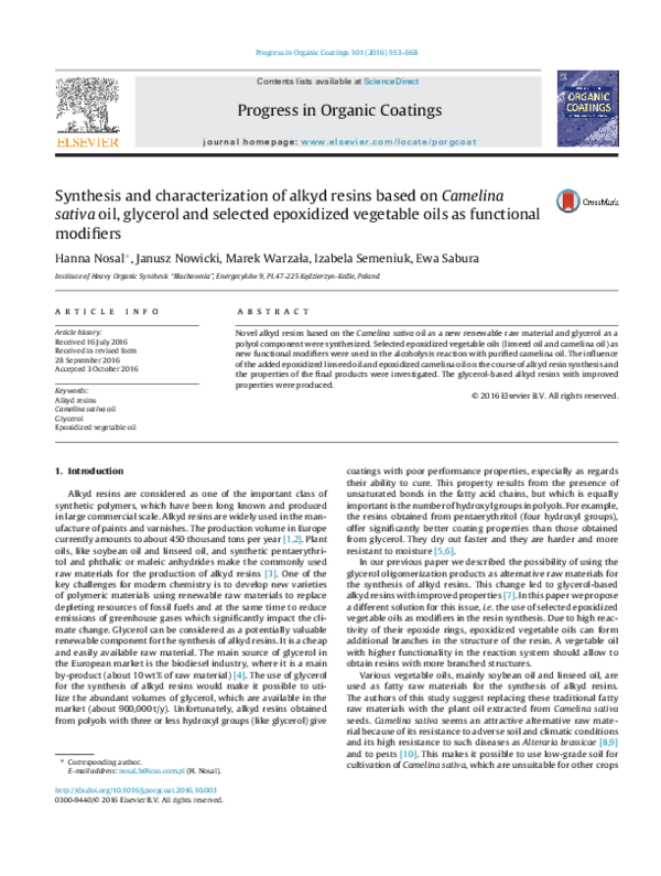 (PDF) Synthesis and characterization of alkyd resins based on Camelina sativa oil and polyglycerol