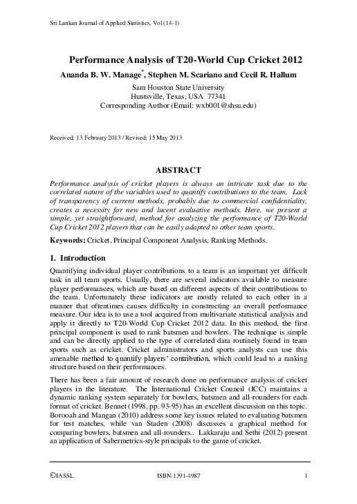 (PDF) Performance Analysis of T20-World Cup Cricket 2012