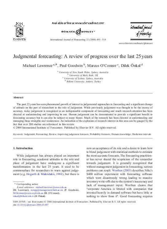 (PDF) Judgmental forecasting: A review of progress over the last 25years