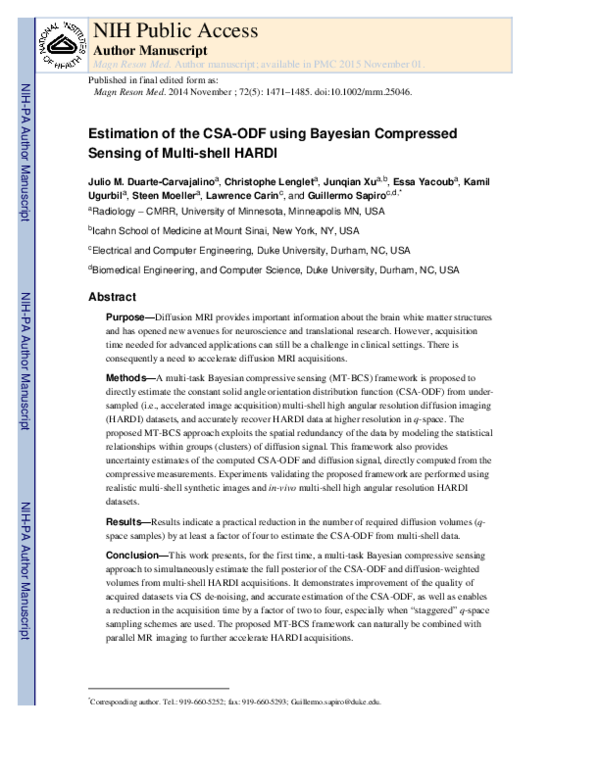 (PDF) Estimation of the CSA-ODF using Bayesian compressed sensing of multi-shell HARDI