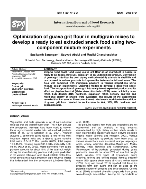 (PDF) Optimization of guava grit flour in multigrain mixes to develop a ready to eat extruded ...