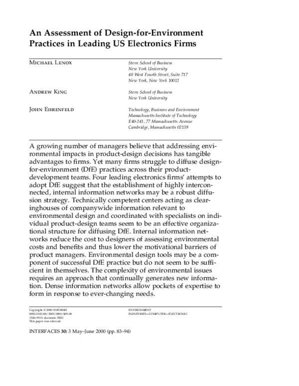 (PDF) An Assessment of Design-for-Environment Practices in Leading US ...