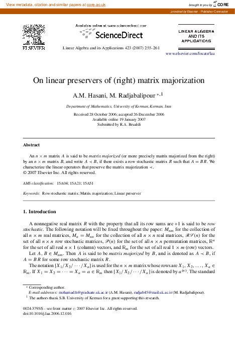 (PDF) On linear preservers of (right) matrix majorization