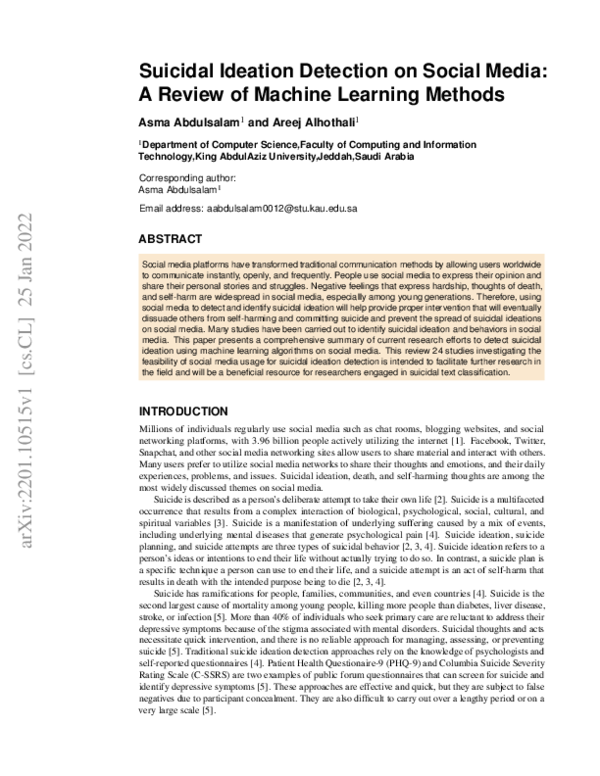 Pdf Suicidal Ideation Detection On Social Media A Review Of Machine Learning Methods