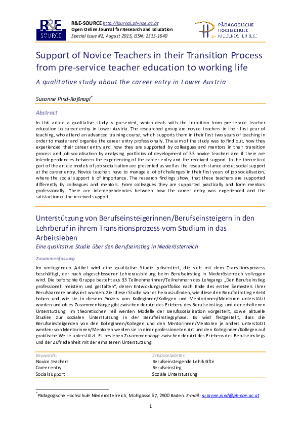 (PDF) Support of Novice Teachers in their Transition Process from pre-service teacher education ...