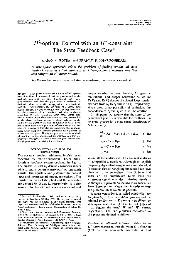 (PDF) H2-optimal control with an H [infinity]-constraint The state feedback case