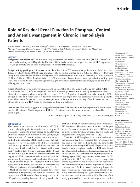 (PDF) Role of Residual Renal Function in Phosphate Control and Anemia ...