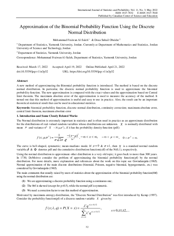 (PDF) Approximation of the Binomial Probability Function Using the ...