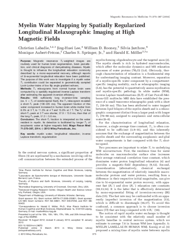 (PDF) Myelin water mapping by spatially regularized longitudinal relaxographic imaging at high ...