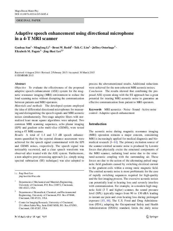 (PDF) Adaptive speech enhancement using directional microphone in a 4-T MRI scanner