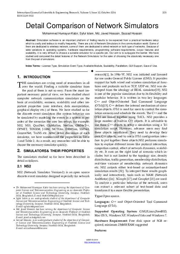 (PDF) Detail Comparison of Network Simulators | Sazzad Hossain ...