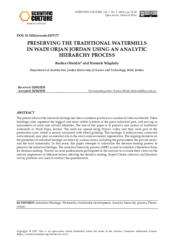 (PDF) Preserving the Traditional Watermills in Wadi Orjan Jordan Using ...