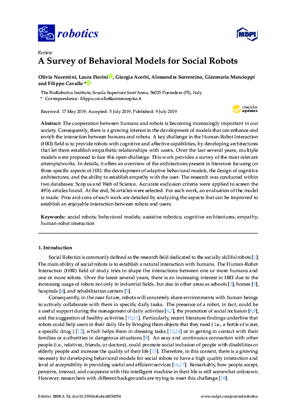 (PDF) A Survey of Behavioral Models for Social Robots