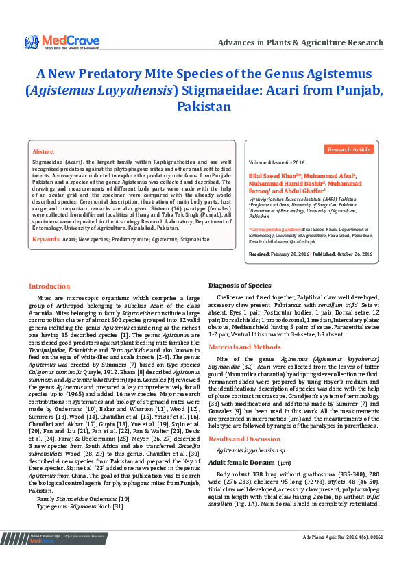 (PDF) A New Predatory Mite Species of the Genus Agistemus (Agistemus ...