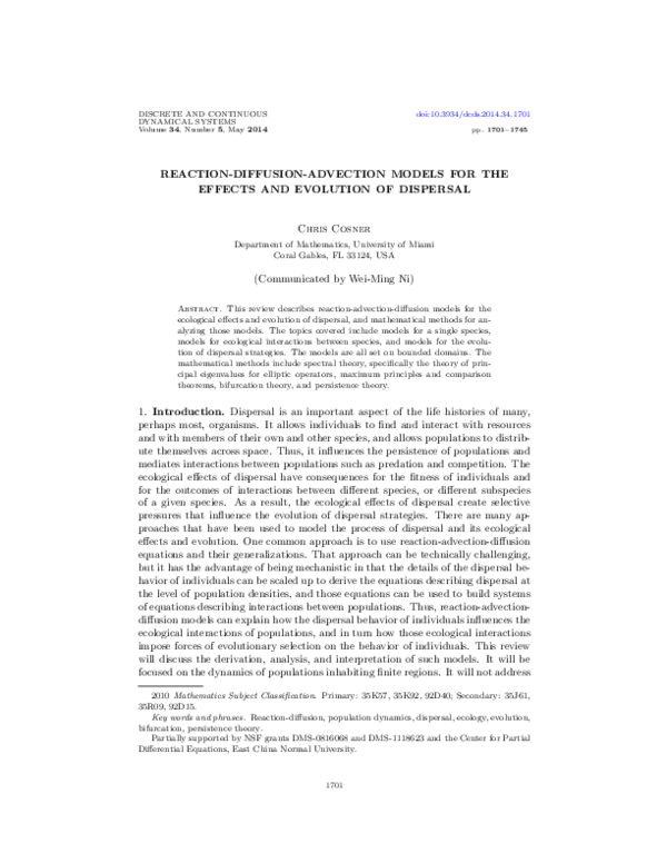 (PDF) Reaction-diffusion-advection models for the effects and evolution ...