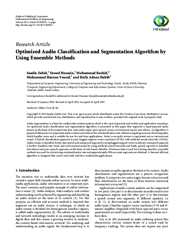 Pdf Optimized Audio Classification And Segmentation Algorithm By Using Ensemble Methods 