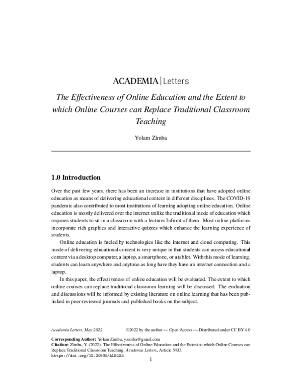 (PDF) The Effectiveness of Online Education and the Extent to which Online Courses can Replace ...