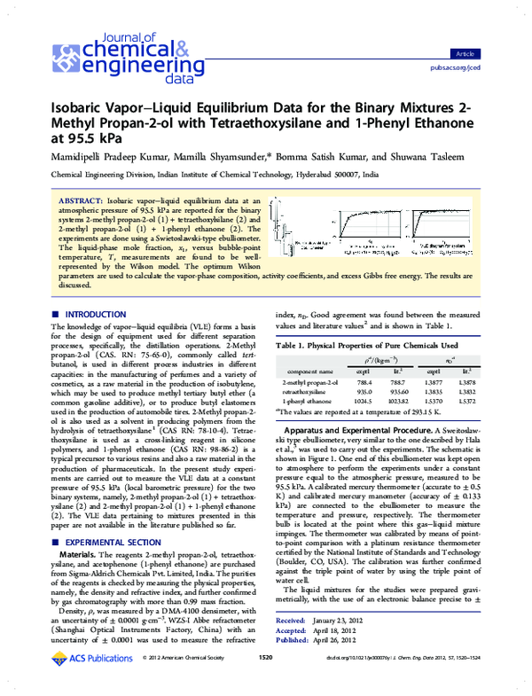 (PDF) Isobaric vapor-liquid equilibrium data for binary systems