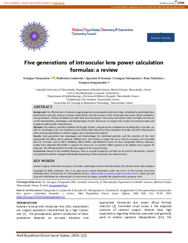 (PDF) Five generations of intraocular lens power calculation formulas: a review