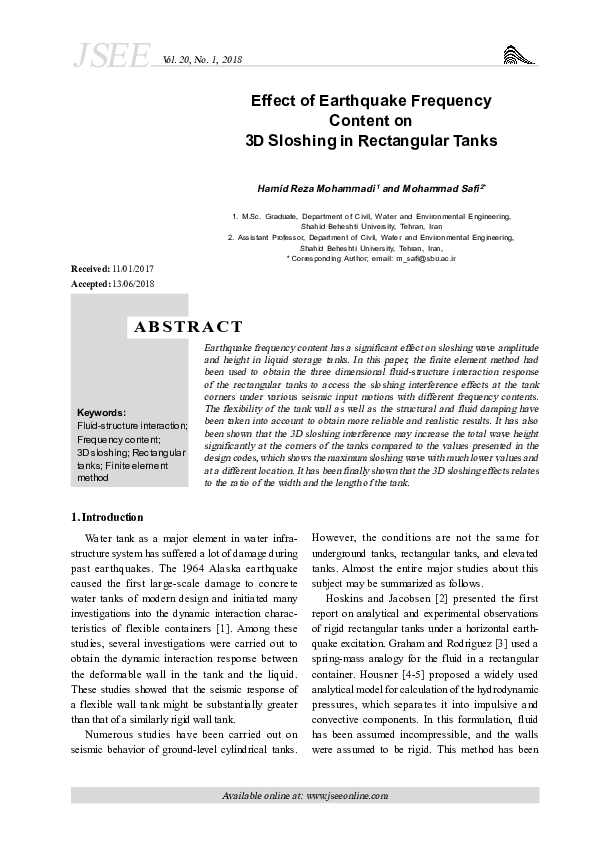 (PDF) Effect of Earthquake Frequency Content on 3D Sloshing in Rectangular Tanks