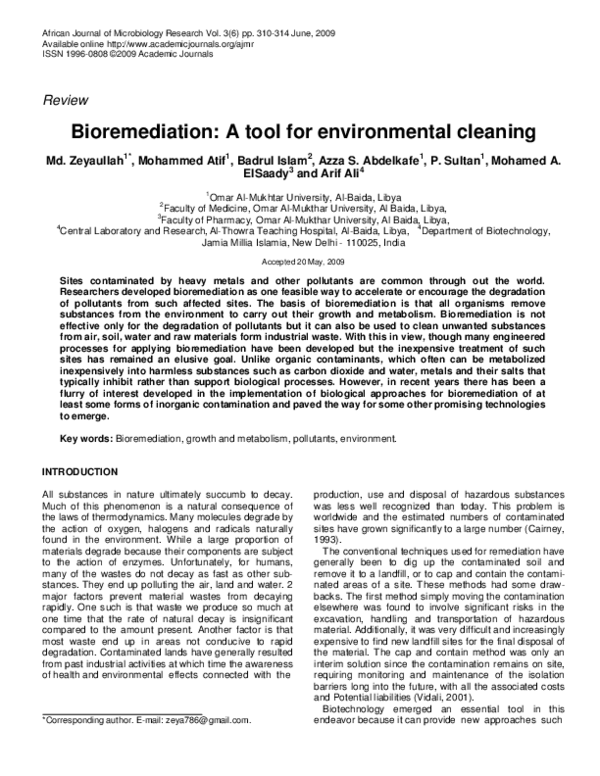 (PDF) Bioremediation: A tool for environmental cleaning