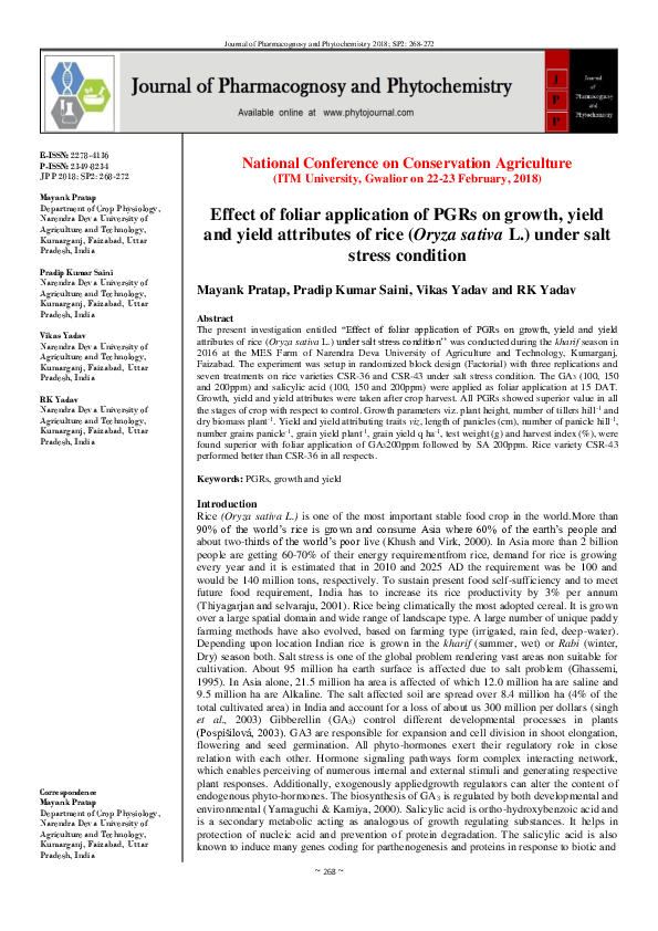 Pdf Effect Of Foliar Application Of Pgrs On Growth Yield And Yield