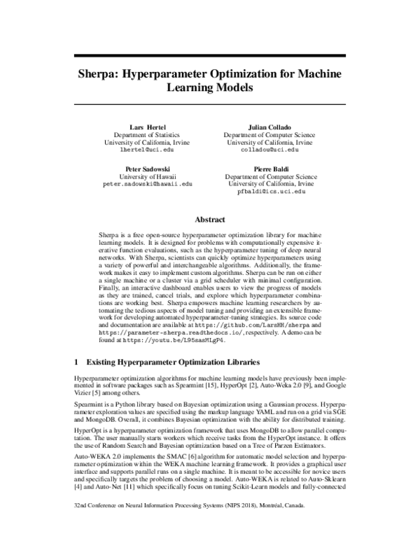 (PDF) Sherpa: Hyperparameter Optimization for Machine Learning Models