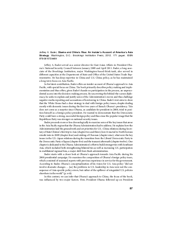 (PDF) Jeffrey A. Bader, Obama and China’s Rise: An Insider’s Account of ...