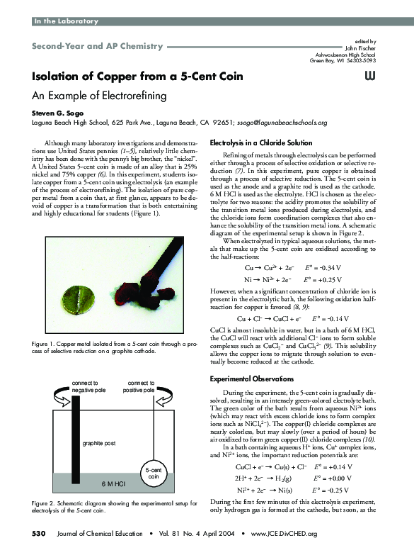 (PDF) Isolation of Copper from a 5-Cent Coin. An Example of Electrorefining