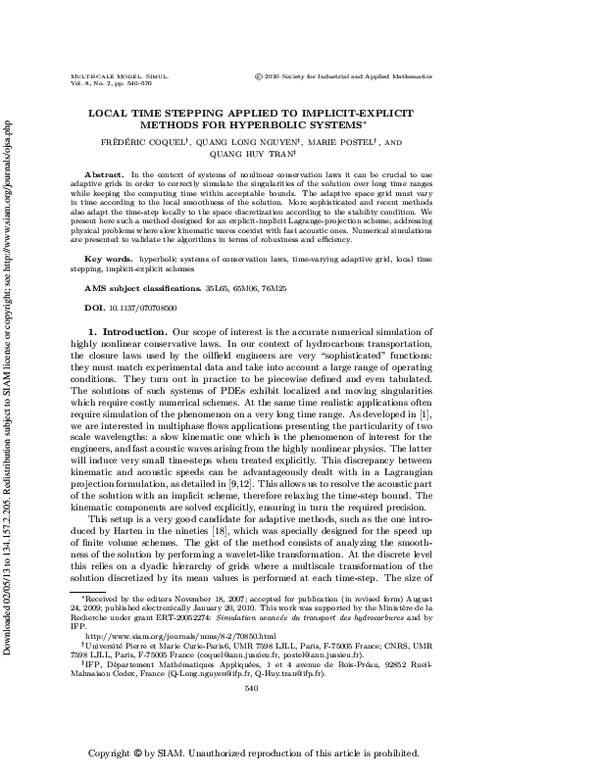 (PDF) Local Time Stepping Applied to Implicit-Explicit Methods for Hyperbolic Systems | frederic ...